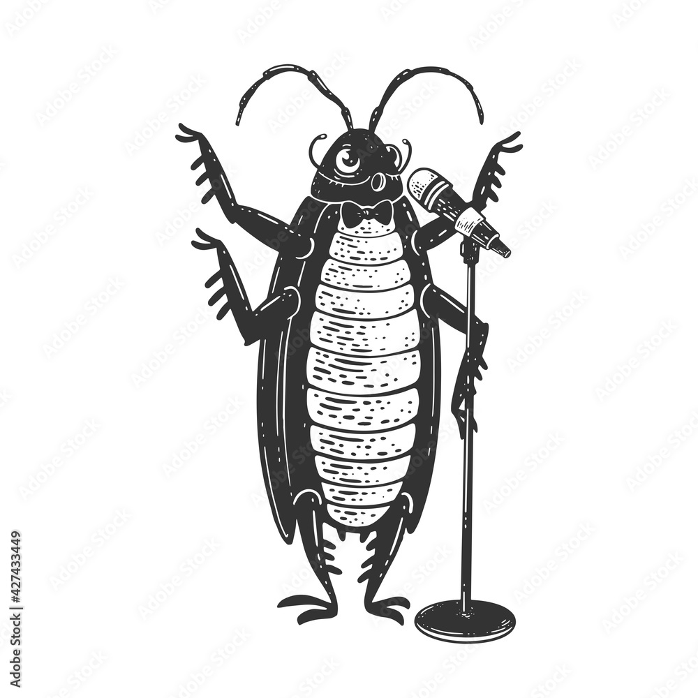 Cartoon singing cockroach with microphone orchestra sketch engraving ...