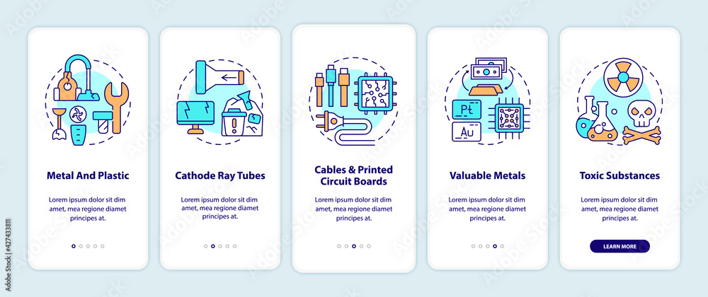 E-waste components onboarding mobile app page screen with concepts. Metal and plastic parts ...