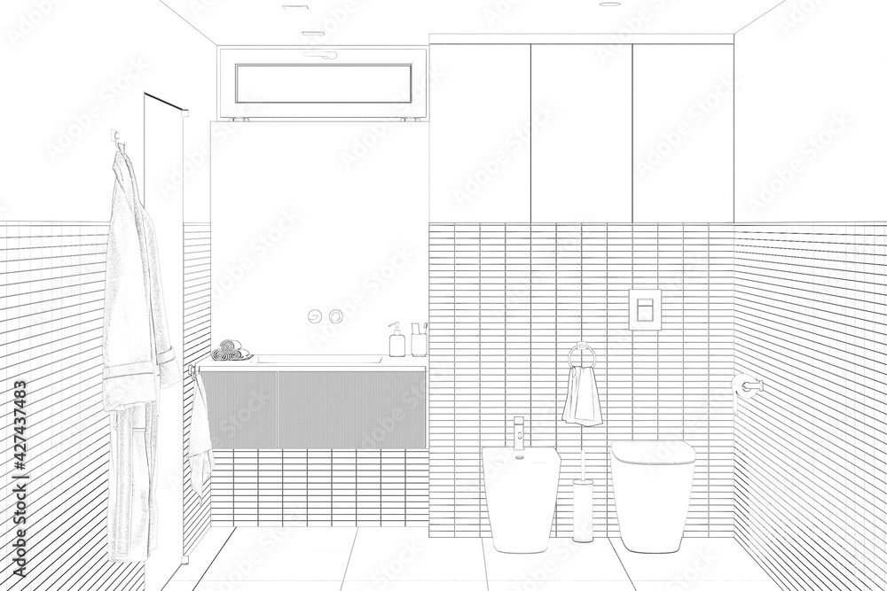 Sketch of the modern bathroom with a window and a mirror above the sink ...