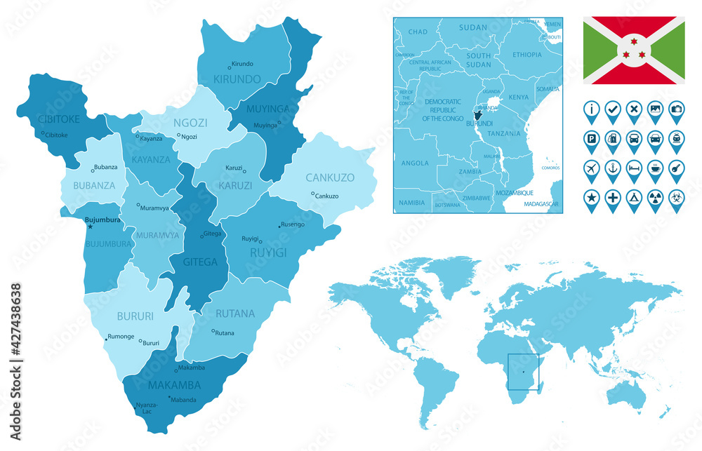 Burundi detailed administrative blue map with country flag and location ...