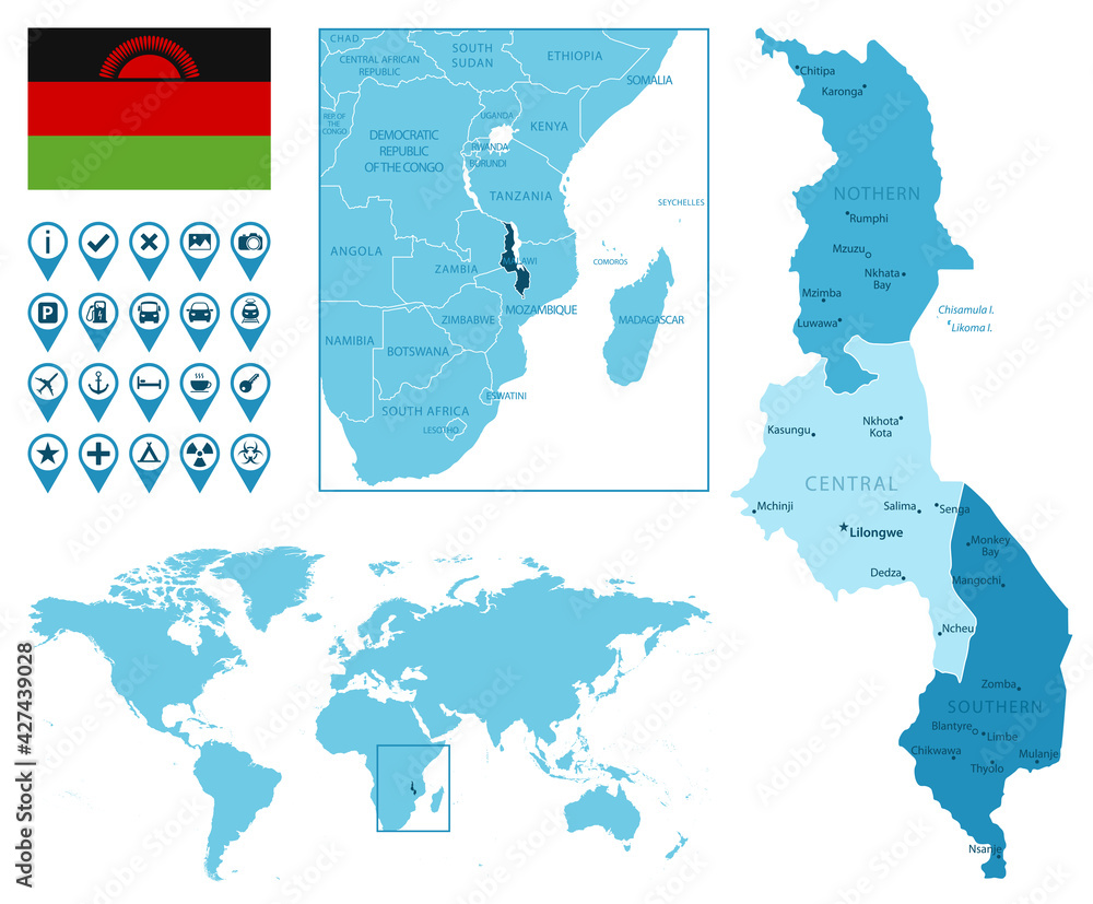 Malawi detailed administrative blue map with country flag and location ...