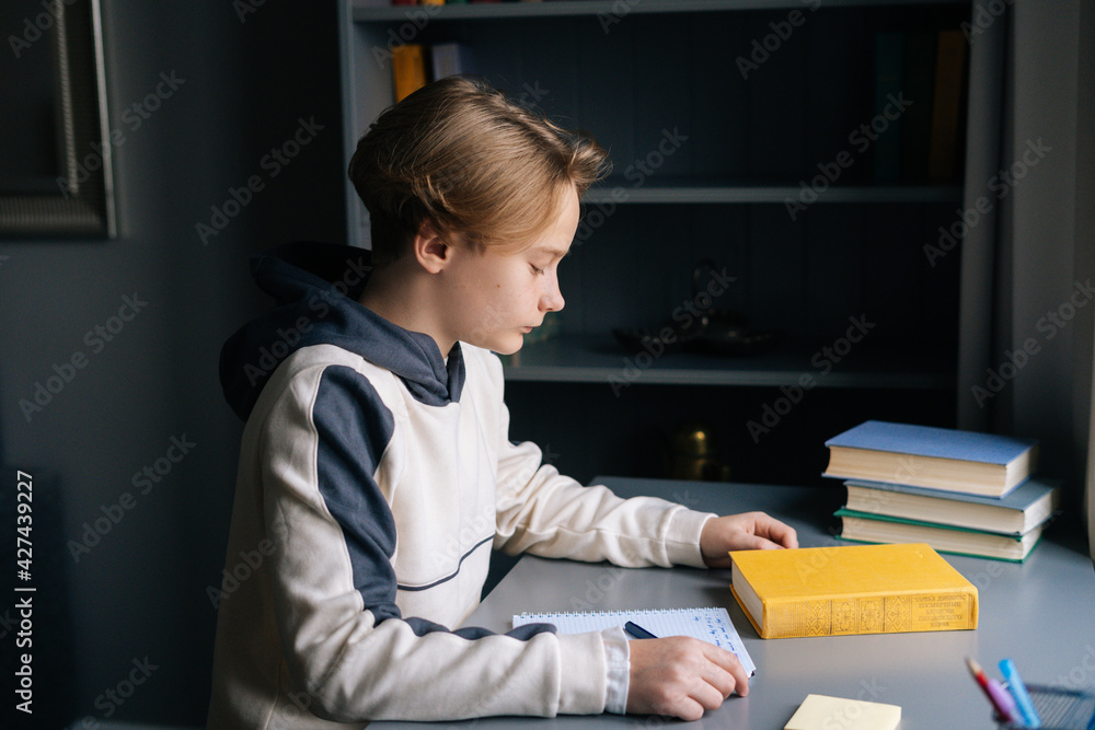 Close-up side view of focused pupil boy sitting at desk with paper ...