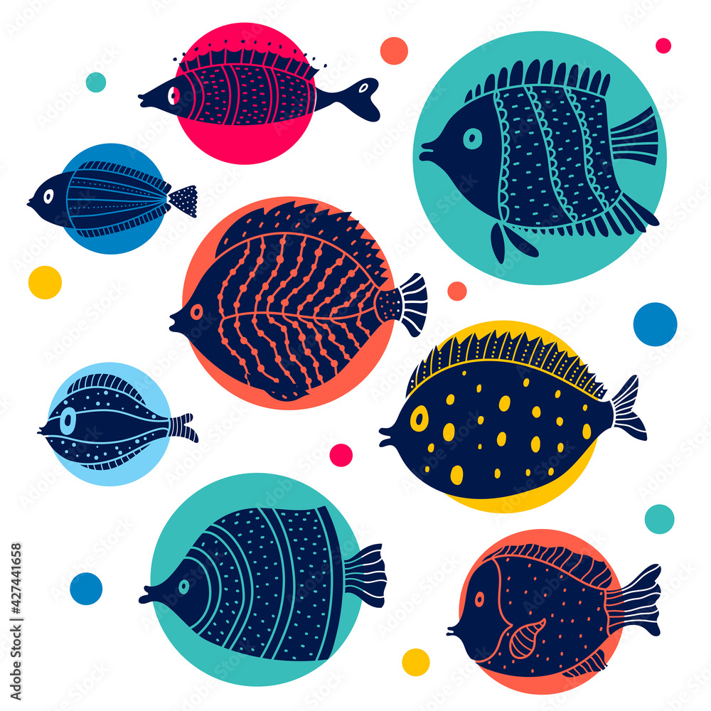 Cute fish vector set. Decorative illustration. Coloring. Stock Vector ...