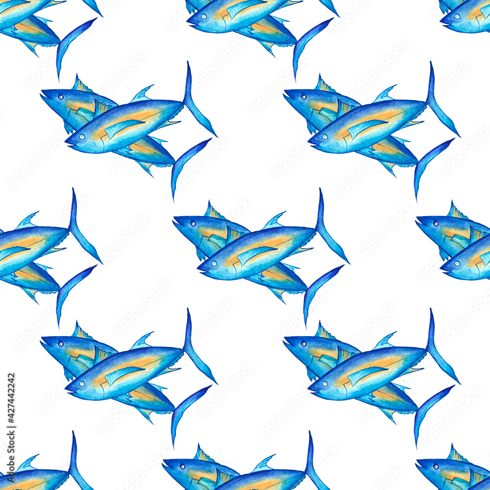 Tuna fish seamless pattern. Bright blue fish on a white background ...