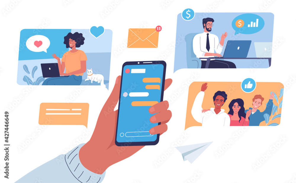 Hand holds some new smartphone and uses mobile application for ...