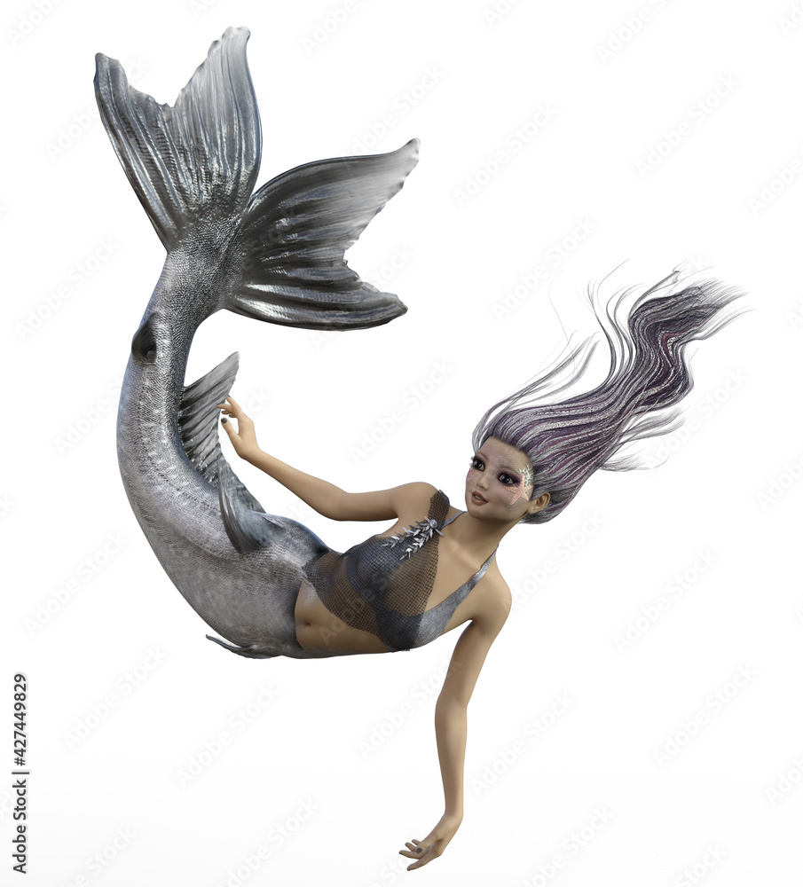 3d illustration of a beautiful silver elegant mermaid floating and ...