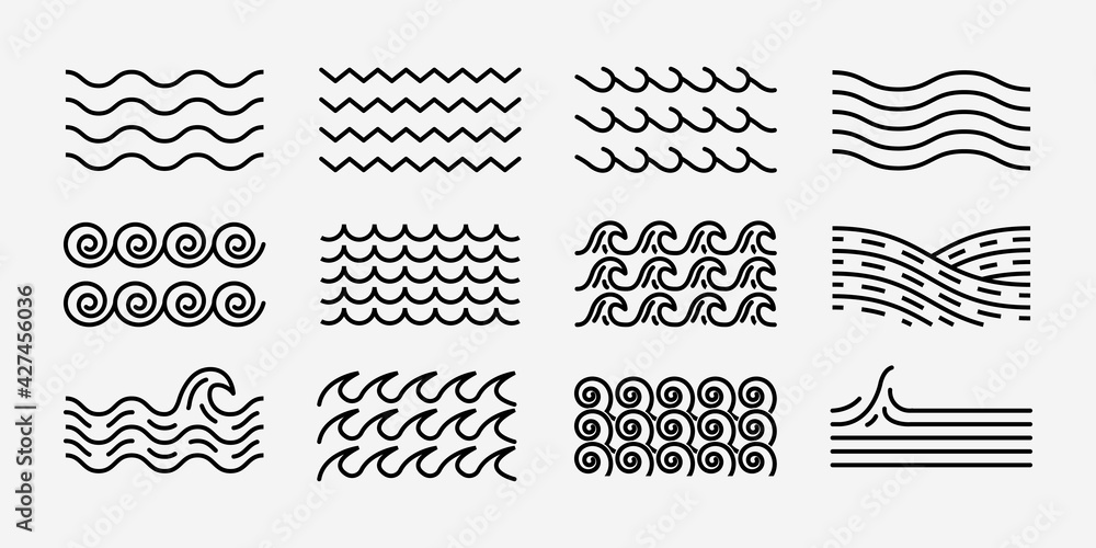 Set Bundle of Minimalist Waves Logo Icon Line Art Vector Design ...
