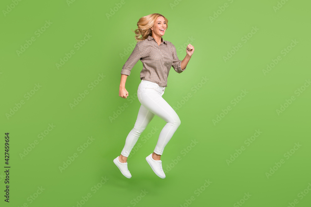 Full length body size side profile photo of jumping woman running on ...