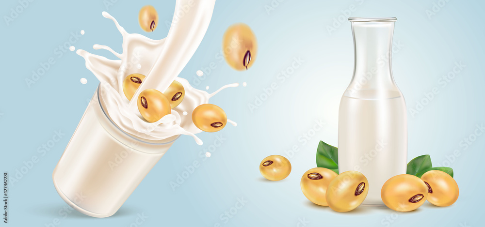 Soy milk splashing with glass of milk and packaging mock up isolated on ...