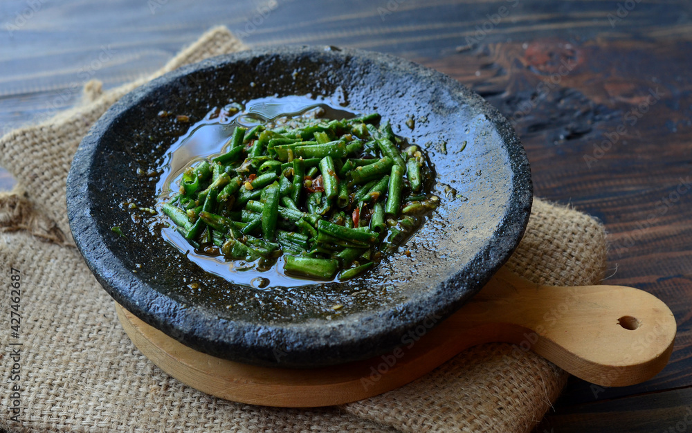 rujak kacang panjang or Long snake bean raw salad, traditional food ...