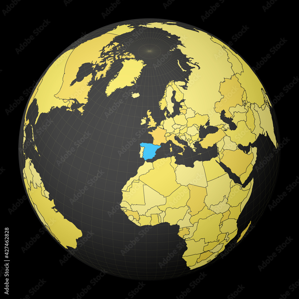 Spain on dark globe with yellow world map. Country highlighted with ...
