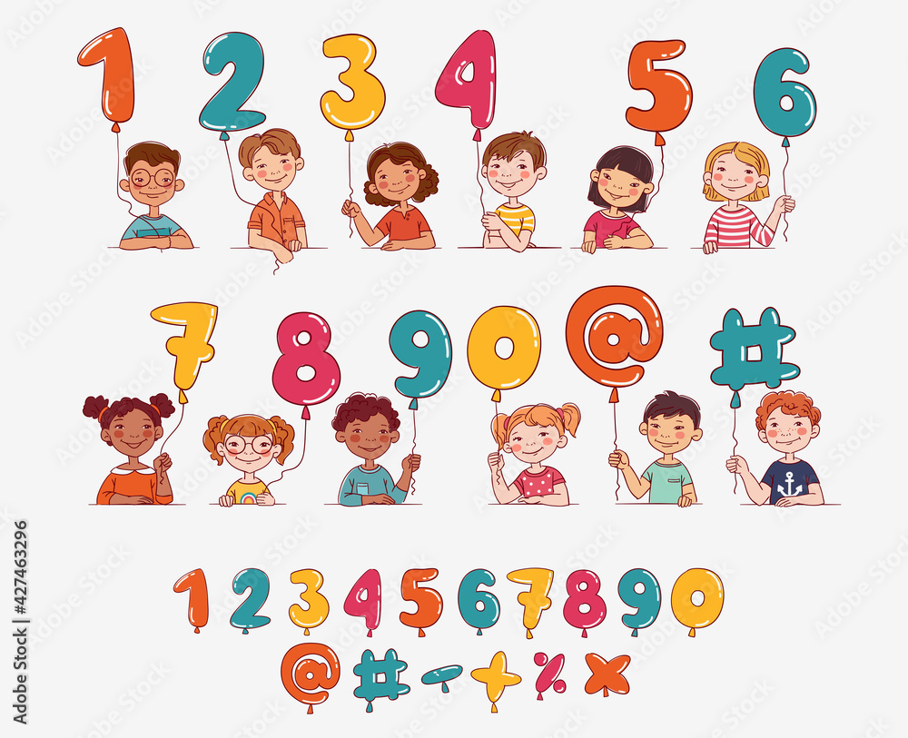 Vetor de Funny kids with number balloons. Vector cute boys and girls ...