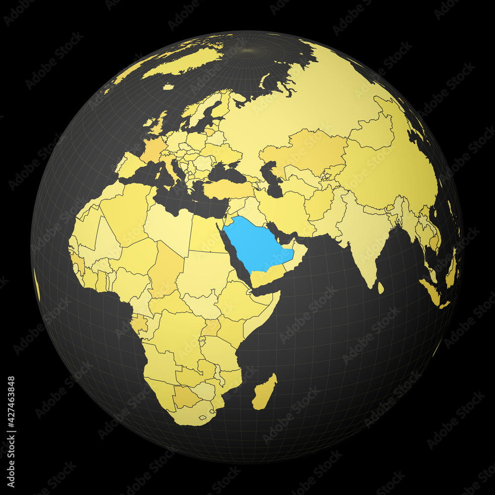 Saudi Arabia on dark globe with yellow world map. Country highlighted ...