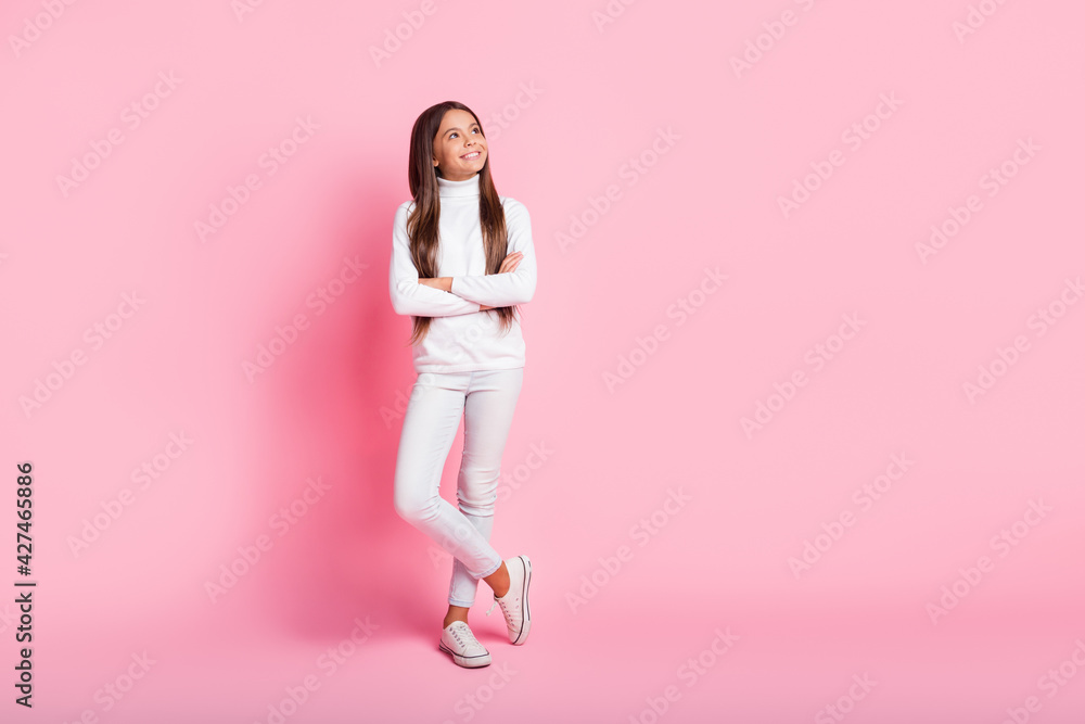 Full size photo of optimistic nice brunette girl look empty space wear ...