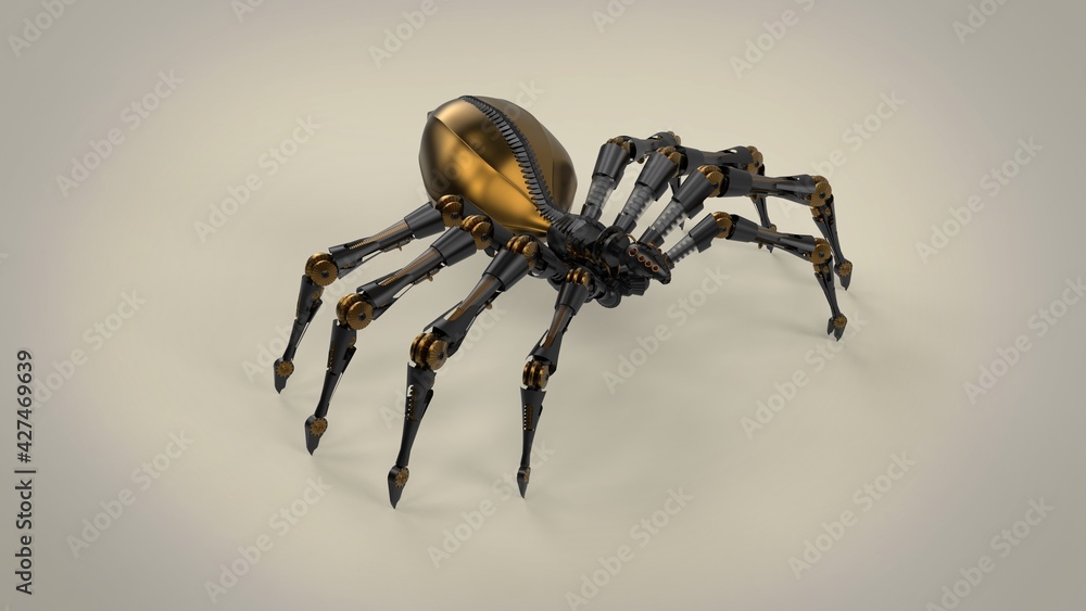 Sci fi modern black robot spider with golden elements isolated on brown ...