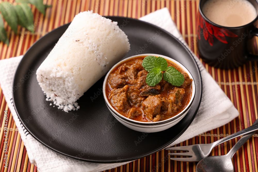 Beef curry , White rice Puttu, Pittu and tea south Indian breakfast ...