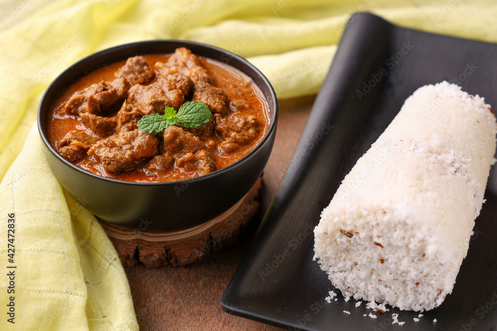 Beef curry and White rice Puttu, Pittu south Indian breakfast with meat ...
