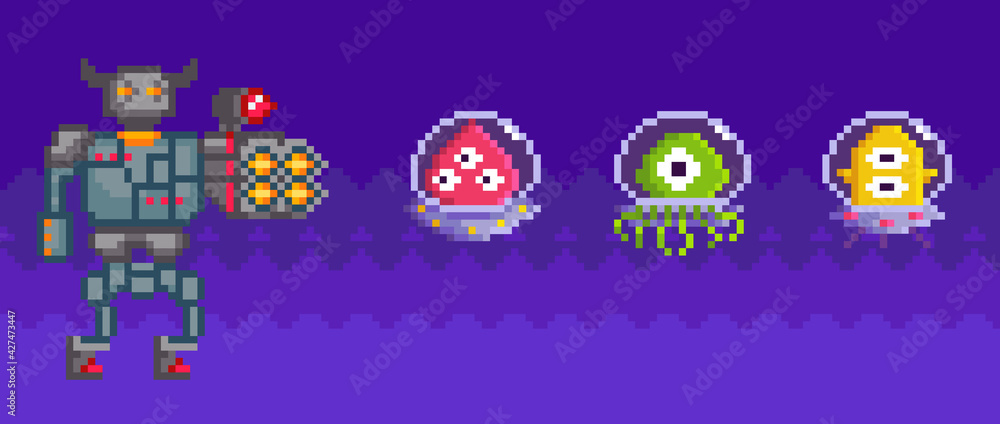 Pixel game interface layout design. Angry iron pixelated monster with ...