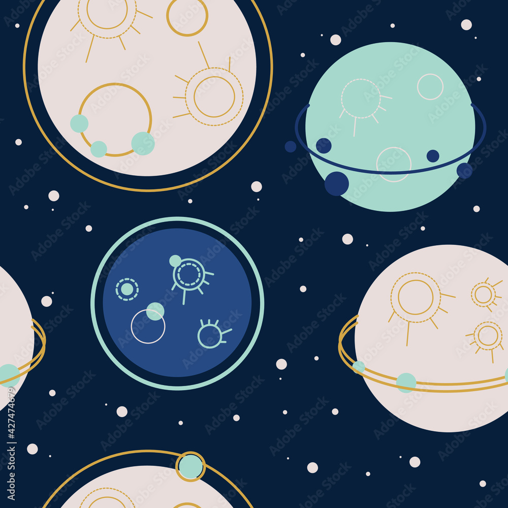 Space cute seamless pattern, planets and galaxy. Stars, space, planets ...
