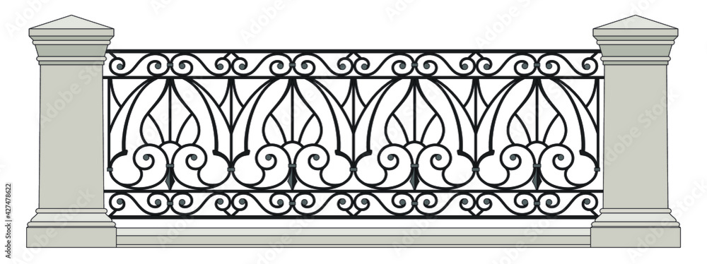 Iron railings with stone pillars. Blacksmithing. Urban design. Balcony ...