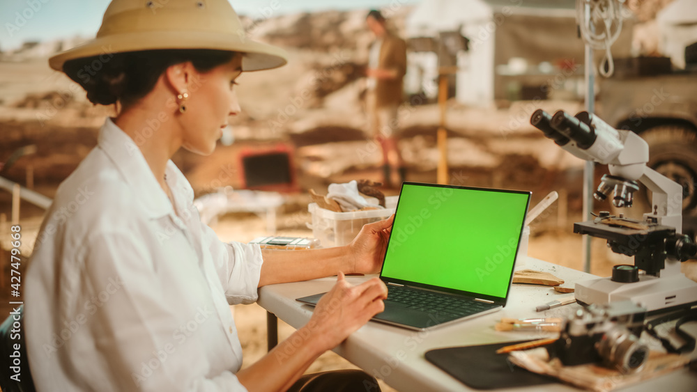Archaeological Digging Site: Female Archaeologist Using Green Screen ...