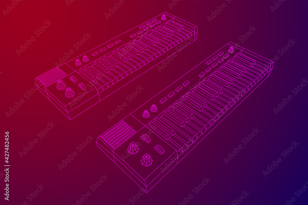 Piano roll analog synthesizer faders buttons knobs. Wireframe low poly ...