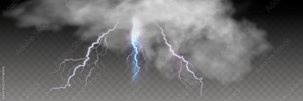 Vector realistic dark stormy sky with clouds, heavy rain and lightning ...