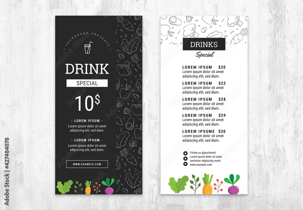 Vegan Menu Card for Vegeatarian Restaurant and Bar with Black ...