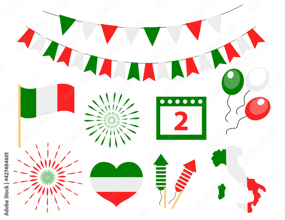 Happy Italy independence day icons set. festa della repubblica flag ...