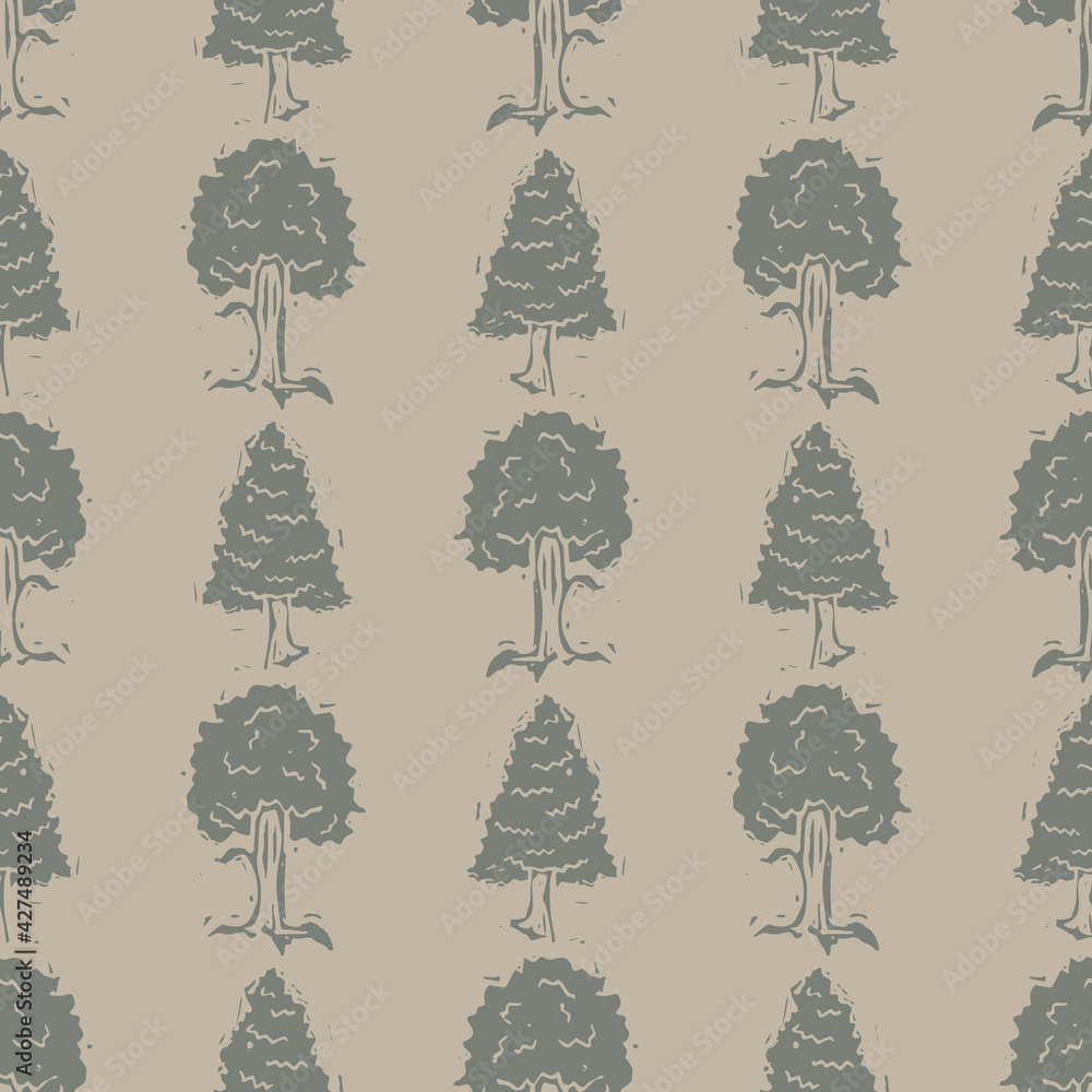 Handmade carved forest tree block print seamless pattern. Rustic ...
