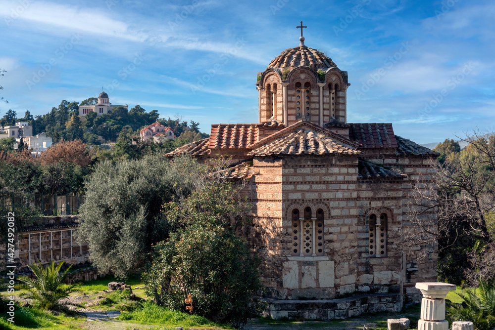 Athens, Greece. An old Byzantine church located in the archaeological ...