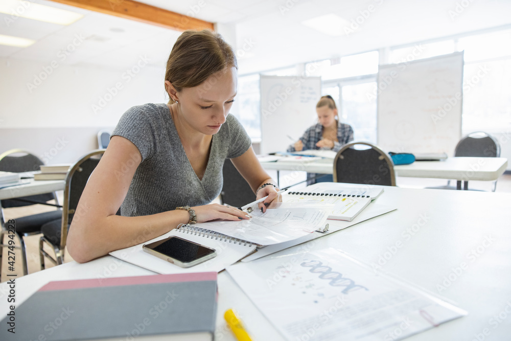 High school girl student studying in study hall classroom Stock Photo ...
