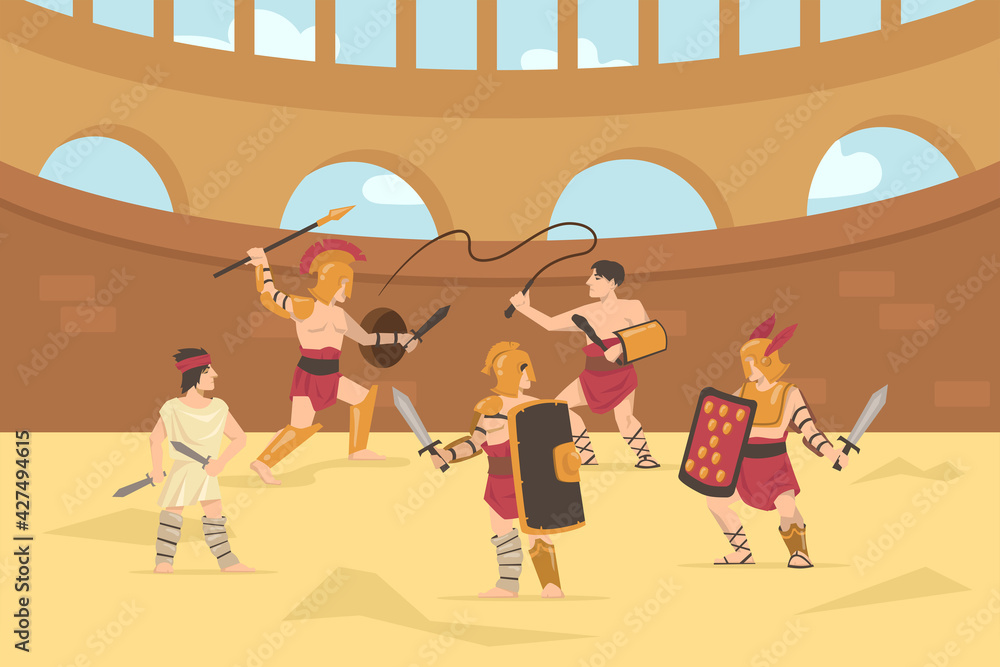 Roman armored soldiers fighting with swords, spears and whips. Cartoon ...