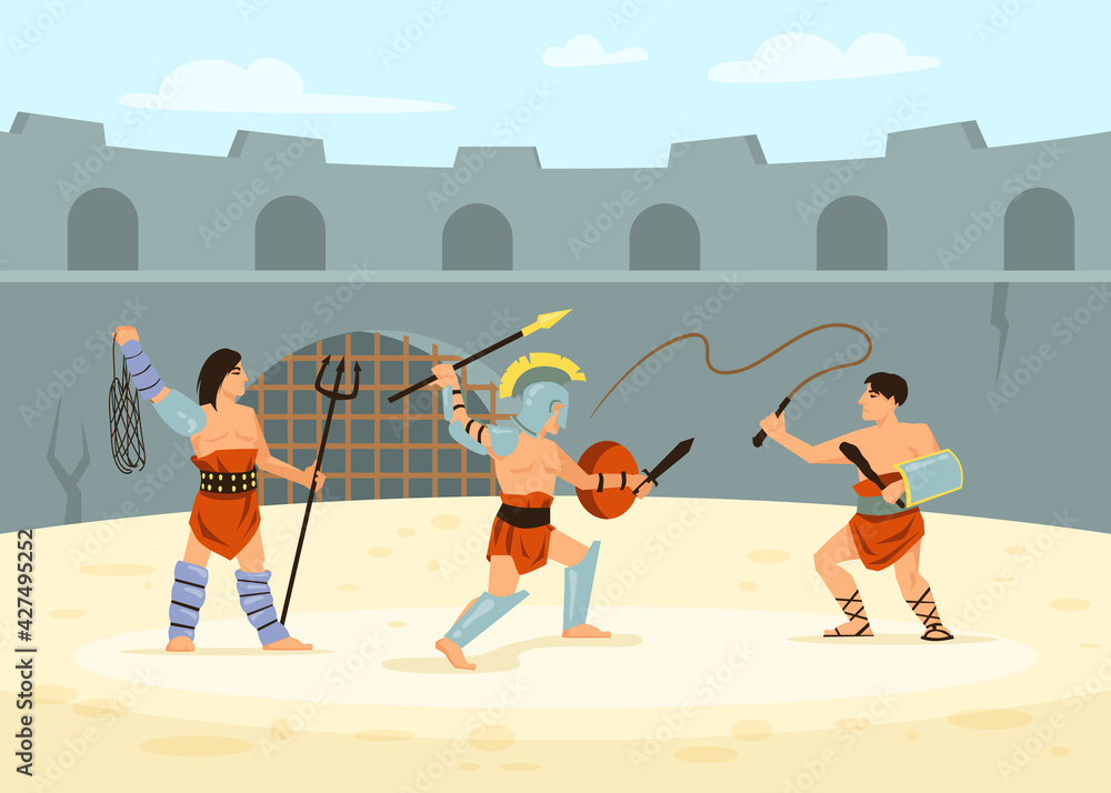 Roman soldiers defeating each other in battle on arena. Cartoon vector ...