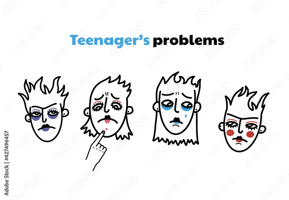 Problems of teenagers. Different facial expressions. Skin problems ...