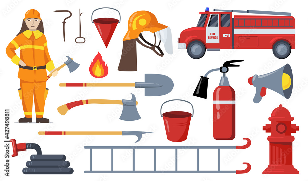 Firefighter and firefighting equipment flat pictures collection ...
