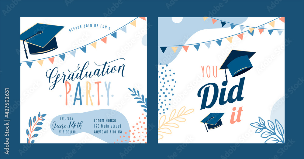Graduation party vector background, light invite card template. You did ...
