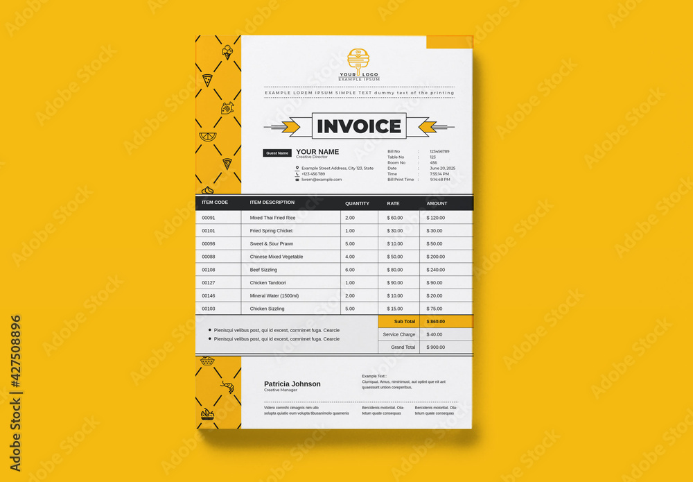 Yellow Invoice Layout Stock Template | Adobe Stock
