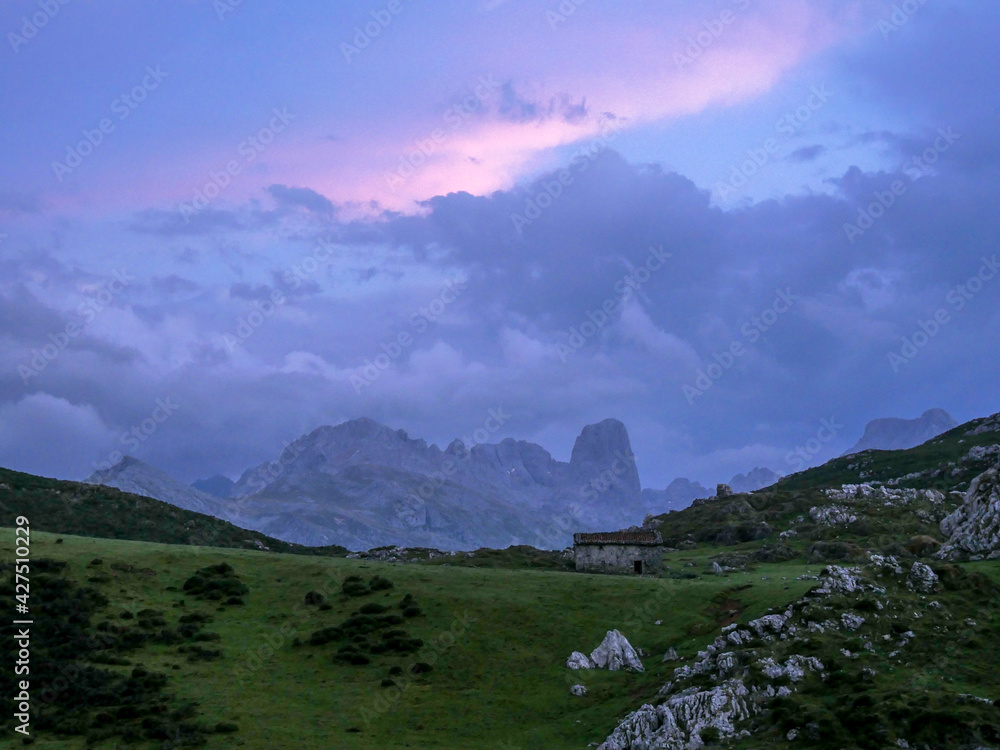 Sunset in the Picos de Europa National Park, highlights the vertical ...
