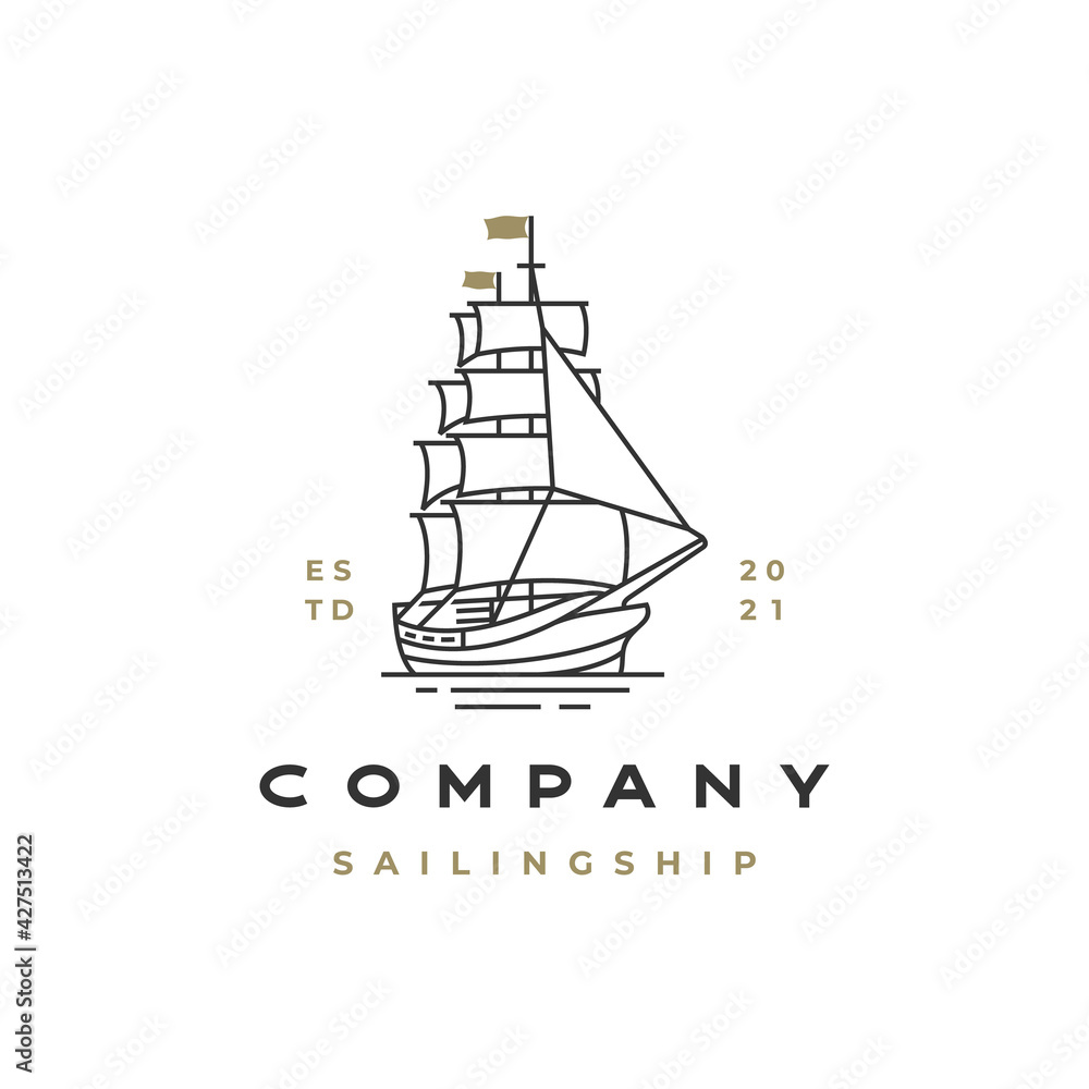 Vintage Retro Line art Sailing Ship Logo Design Stock Vector | Adobe Stock
