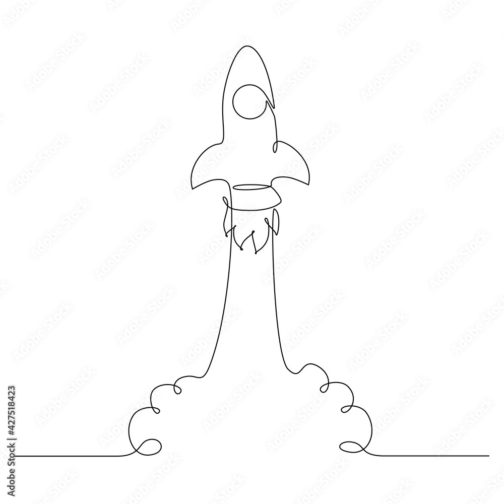 Start up a Rocket ship in one Line drawing style. Launching a spaceship ...