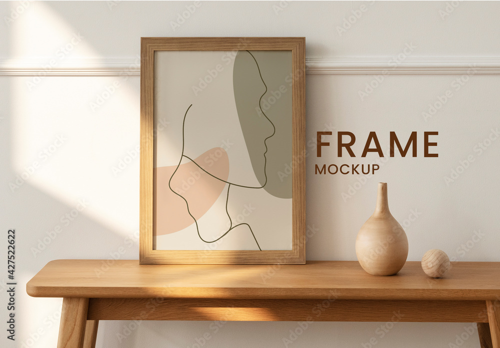 Wooden Picture Frame Mockup on Sideboard Table Stock Template | Adobe Stock