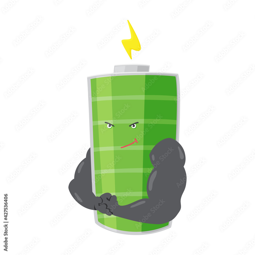 Strong battery man standing and shows his muscles. Charging indication ...