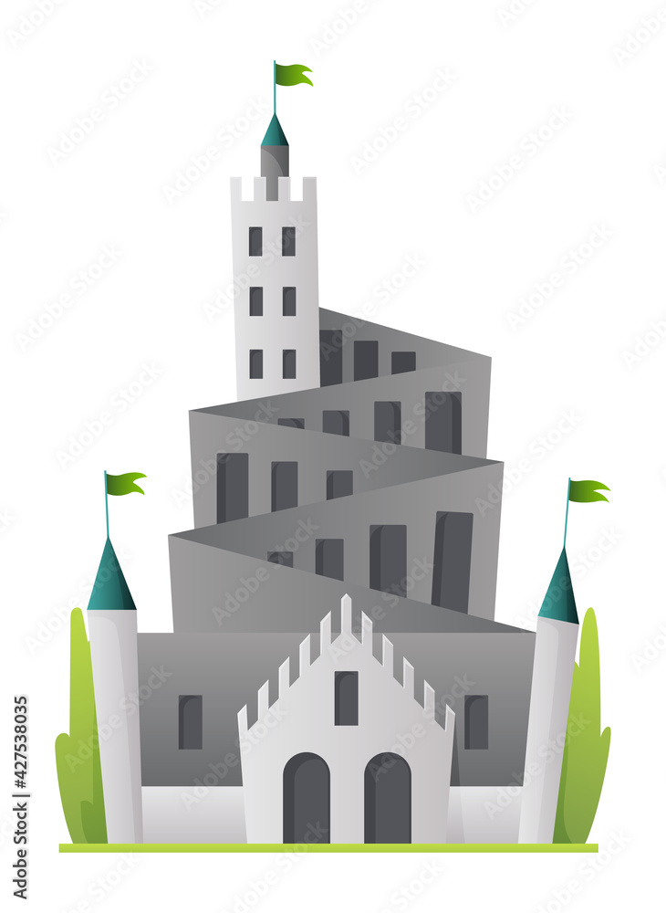 Flat fairy tale castle. Medieval palace with high towers and conical ...