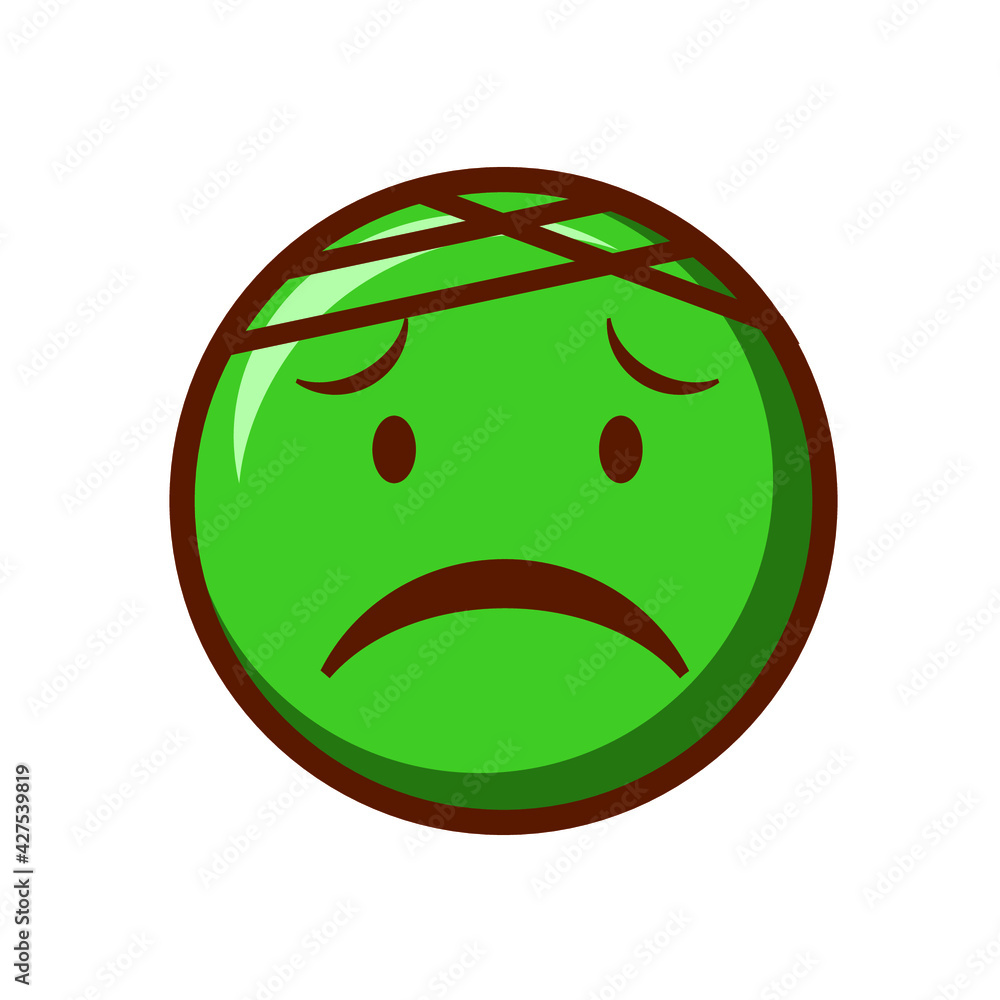 Cute social media face with head bandage emoji on white background ...