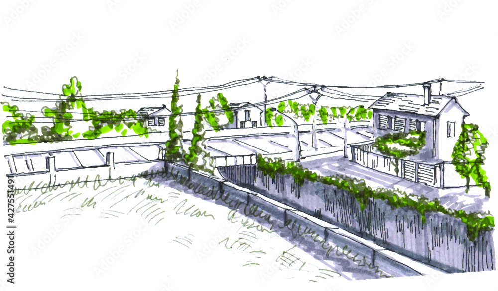Hand drawn sketch of suburban area and railway passing by ...