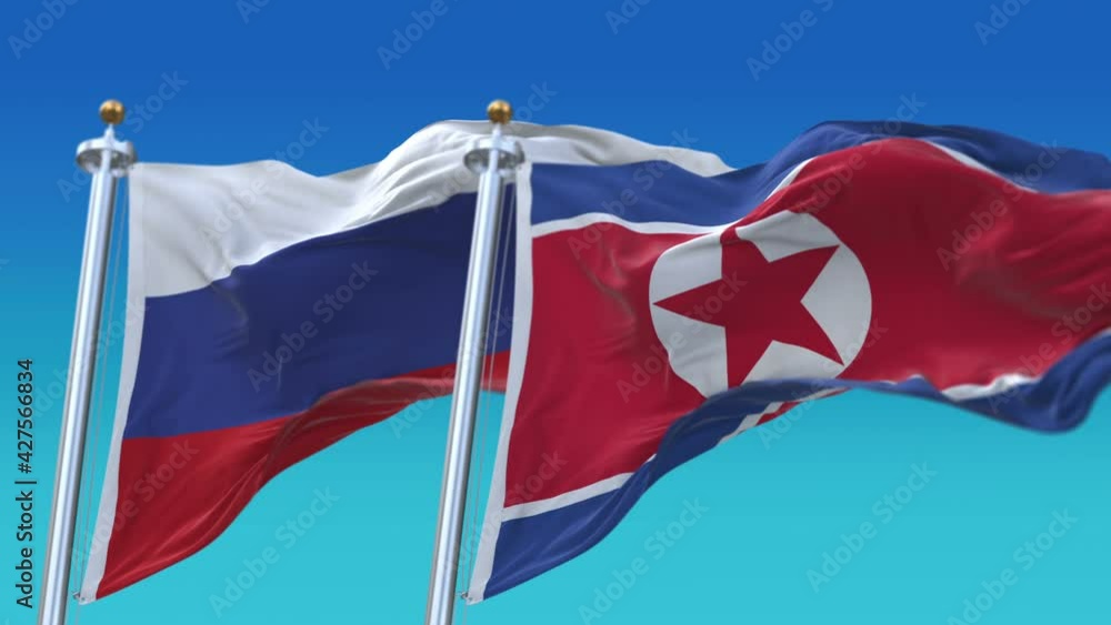 4k Seamless North Korea and Russia Flags with blue sky background;A ...
