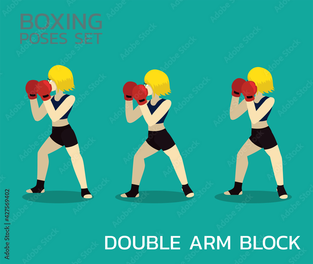 Double Arm Block Manga Boxing Poses Set Woman Cartoon Vector Illustration Stock Vector | Adobe Stock