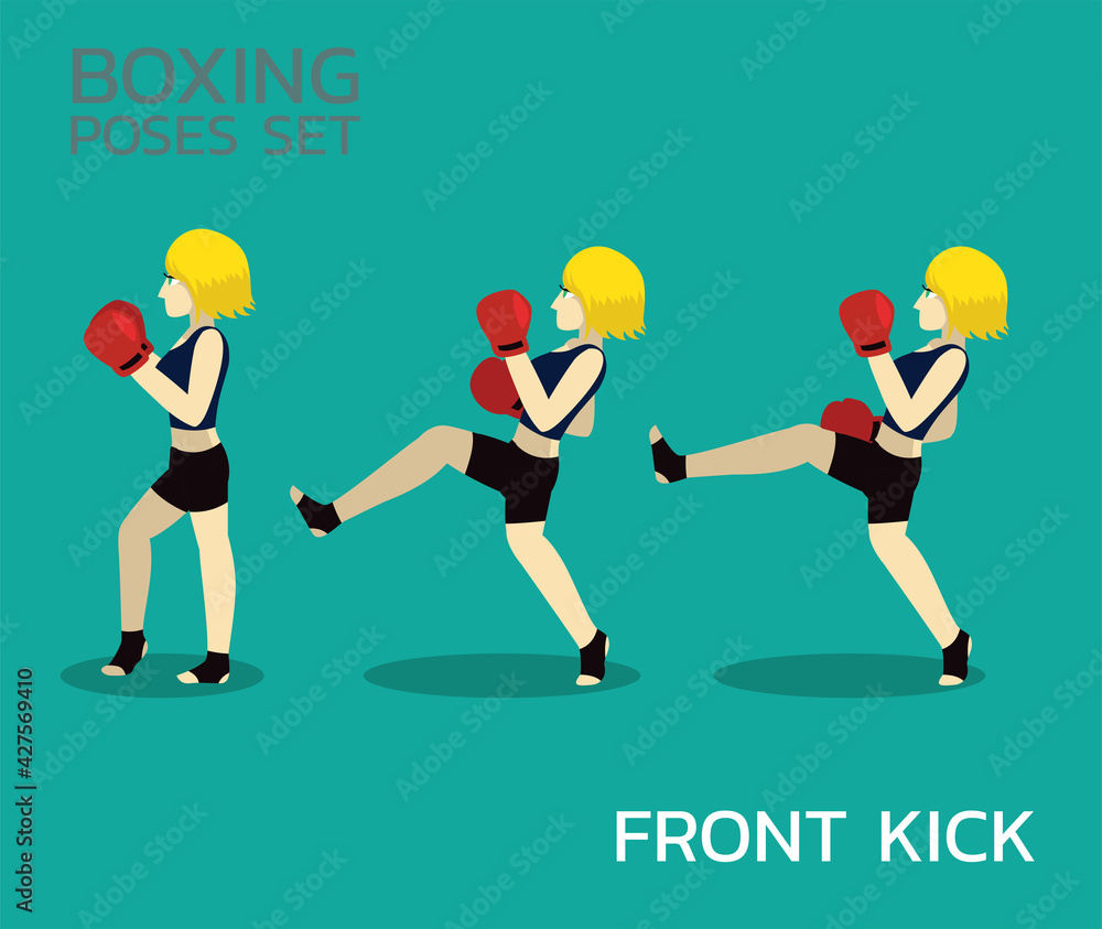 Front Kick Manga Boxing Poses Set Woman Cartoon Vector Illustration ...