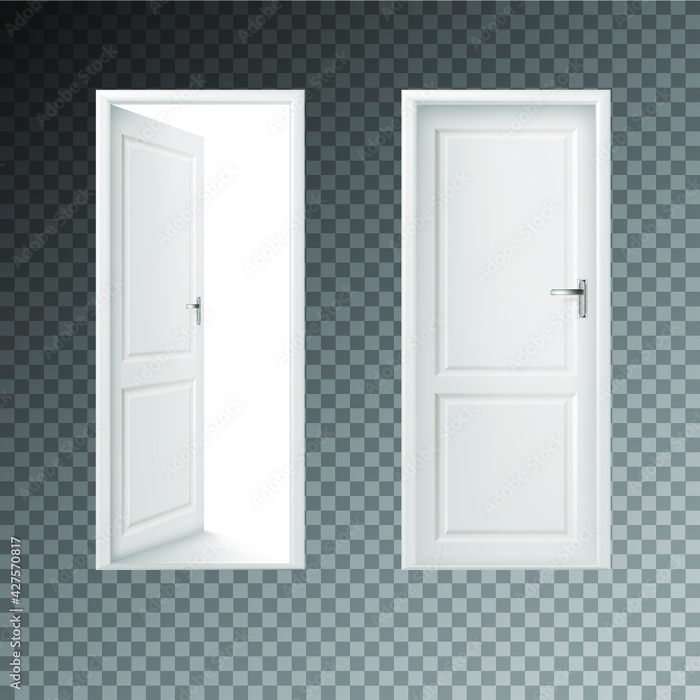 Open and closed white entrance realistic door isolated on transparent ...